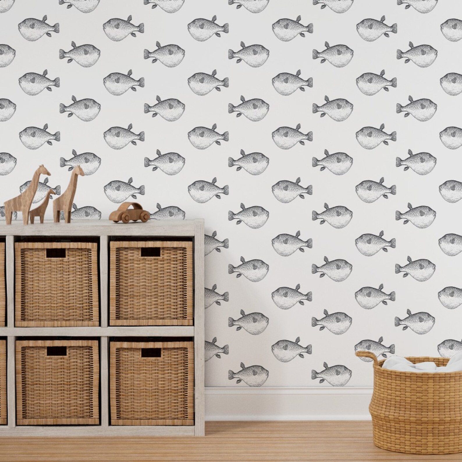 Blowfish Wallpaper Charcoal Puffer Fish on White by Mlags - Etsy