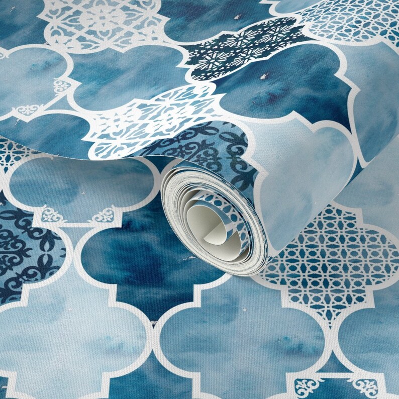 Moroccan Tile Wallpaper Moroccan Trellis by Adenaj Blue - Etsy