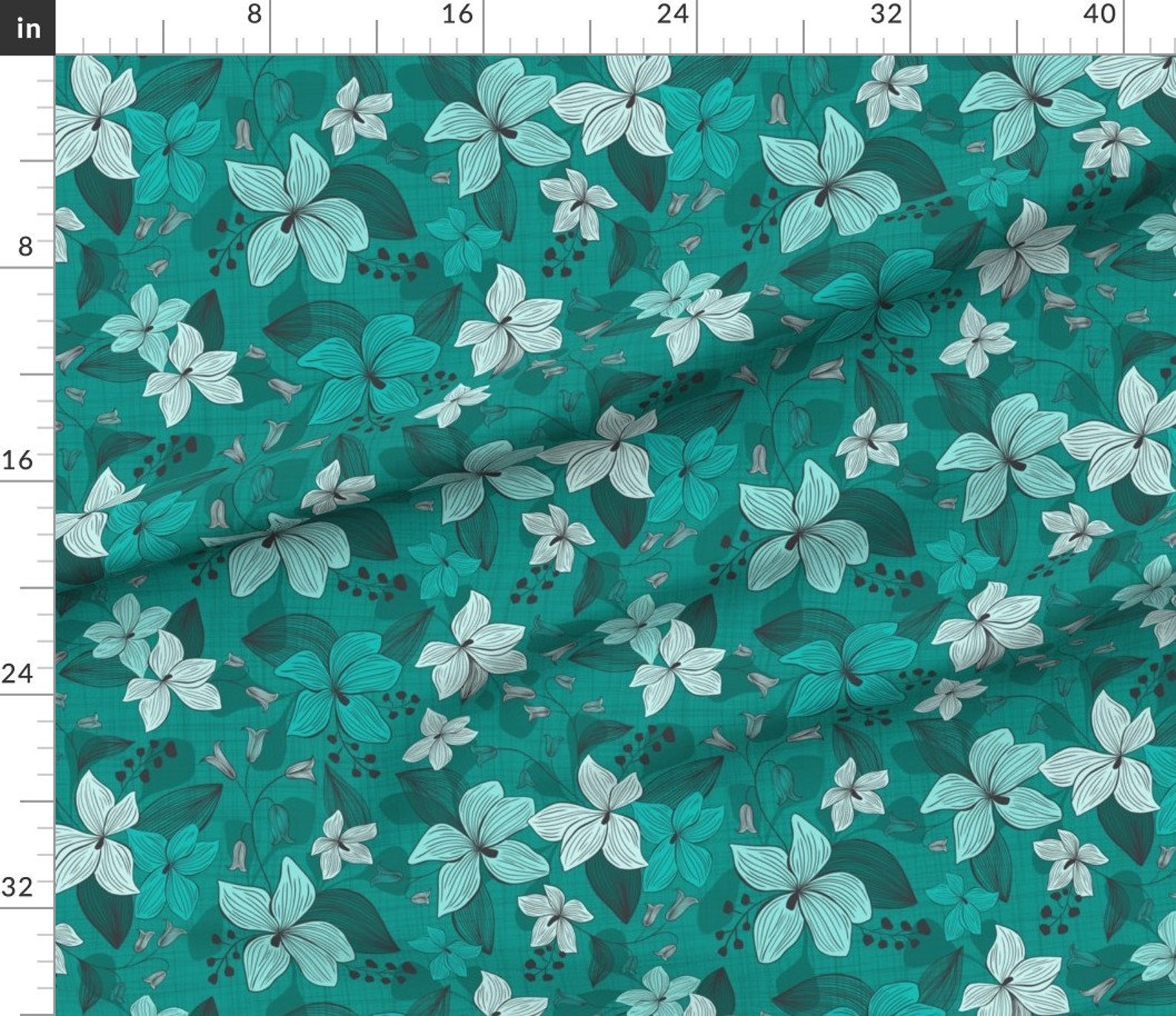 Floral Fabric Avery Floral Teal Monochrome by | Etsy