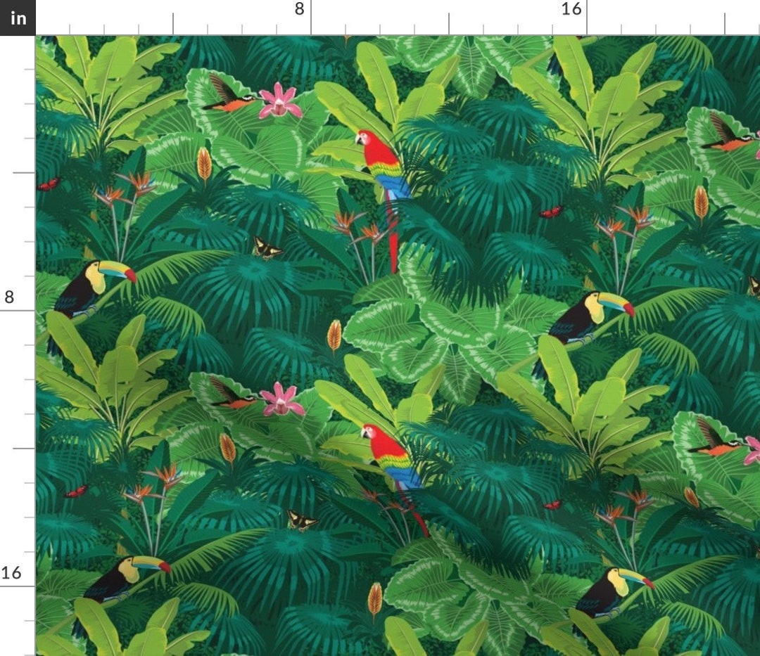 Green Tropical Rain Forest Fabric Jungle 02 by Crixtina Tropical Birds ...