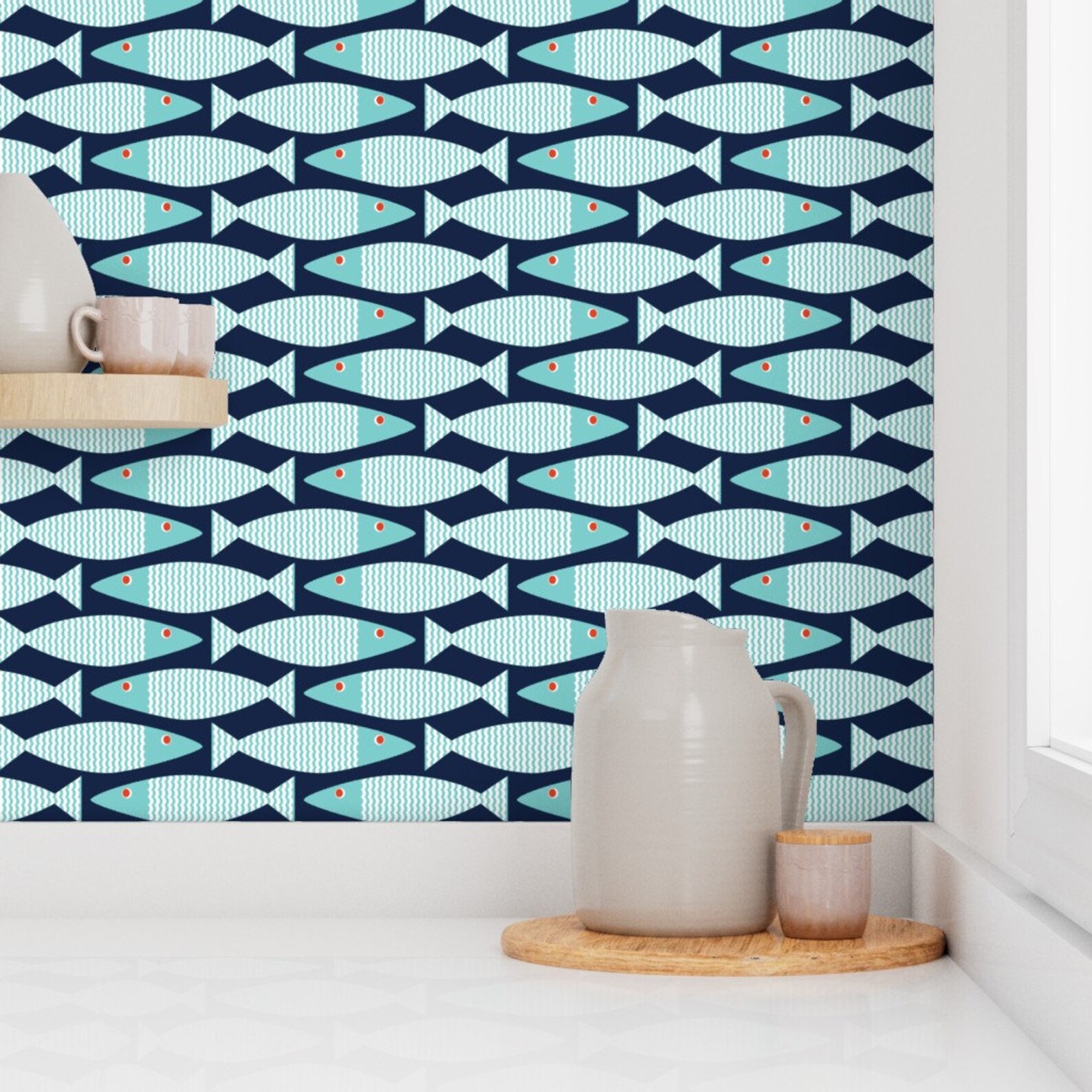 Modern Fish Wallpaper Wavy Bass Indigo Turquoise by - Etsy