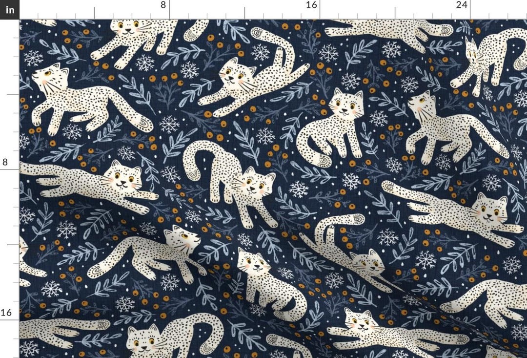 Snow Leopard Fabric - Playful Snow Leopards at Night by De Koro - Blue ...