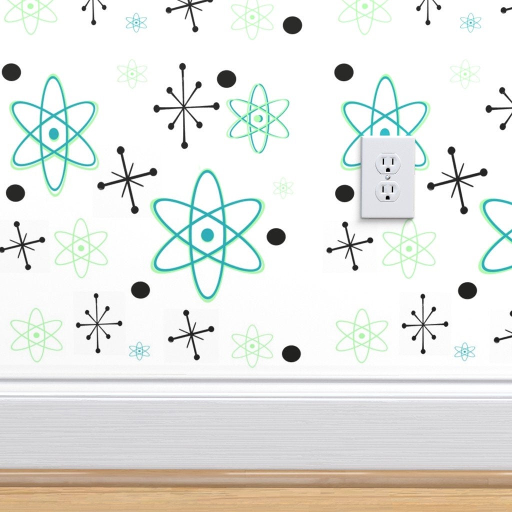 Atomic Wallpaper Atomic Stars Black Turquoise by - Etsy