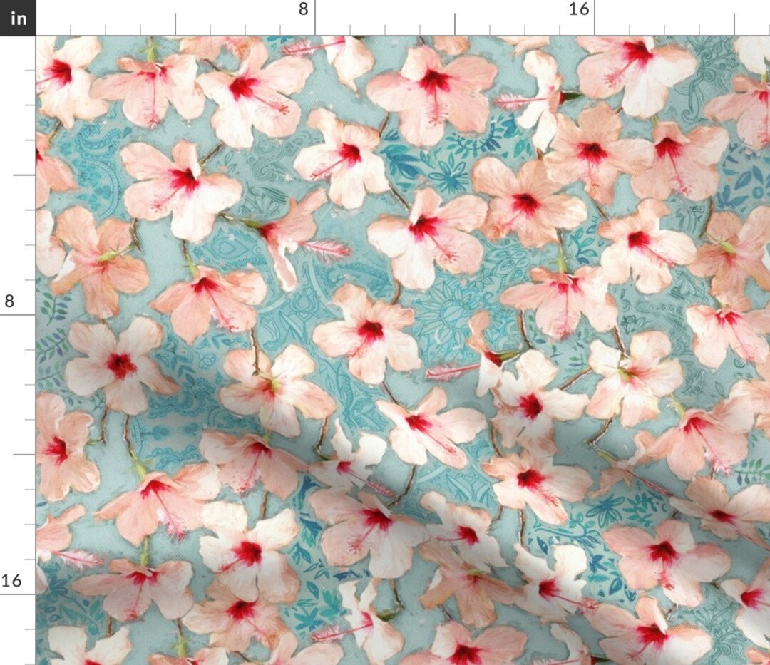 Hibiscus Fabric Shabby Chic Painted Hibiscus Pattern Peach Mint by ...