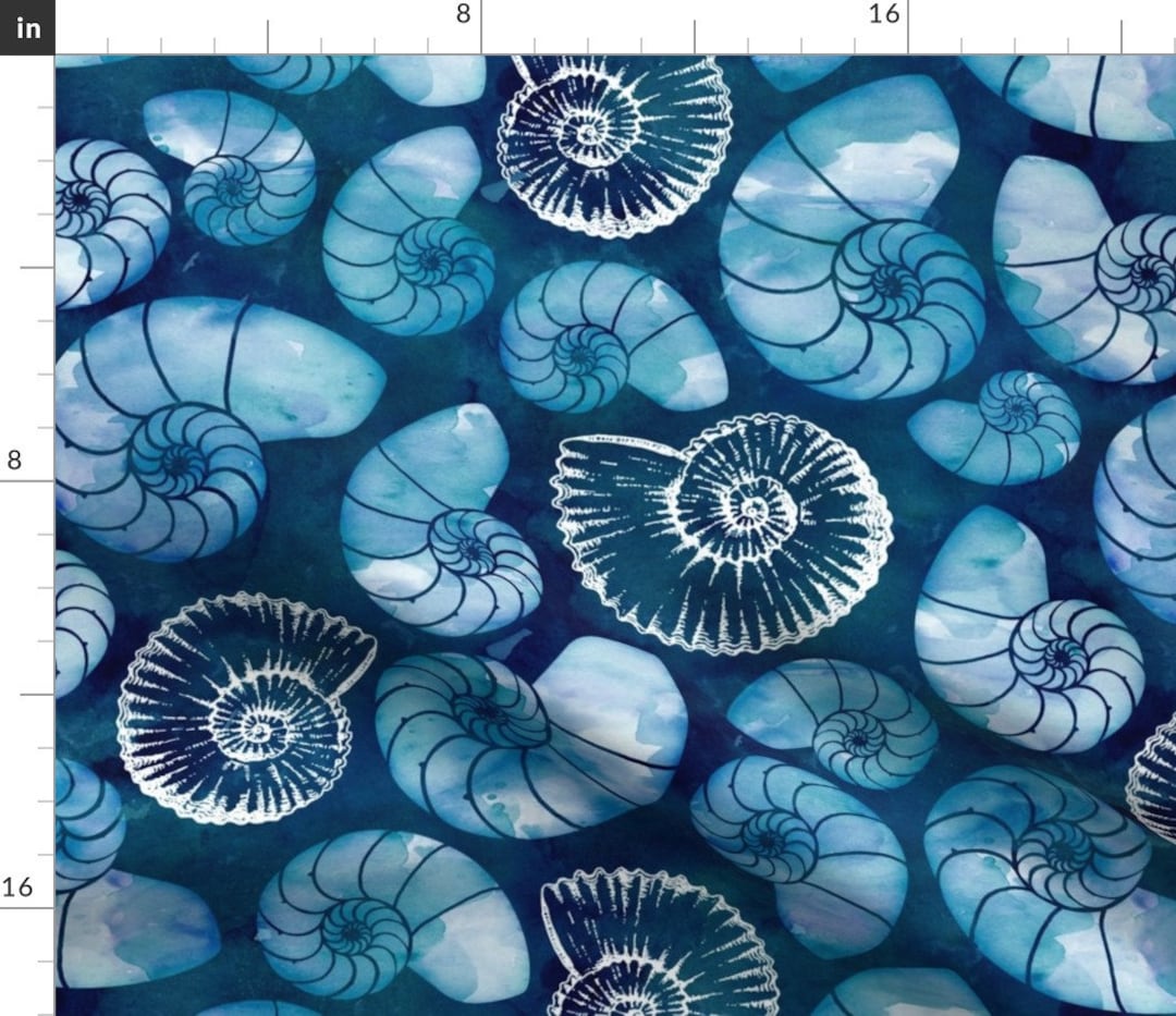 Watercolor Nautilus Fabric Nautilus Fossils in Sapphire Blue by Adenaj ...