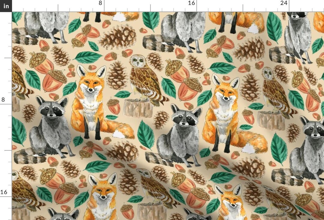 Fox Raccoon Woodland Forest Pattern Leaves Fabric - Woodland Creatures ...