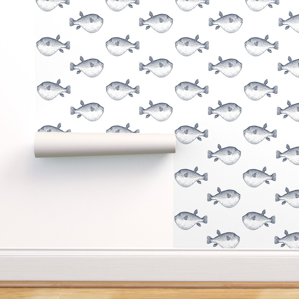Blowfish Wallpaper Navy Blowfish Blow Fish White by Jenlats | Etsy