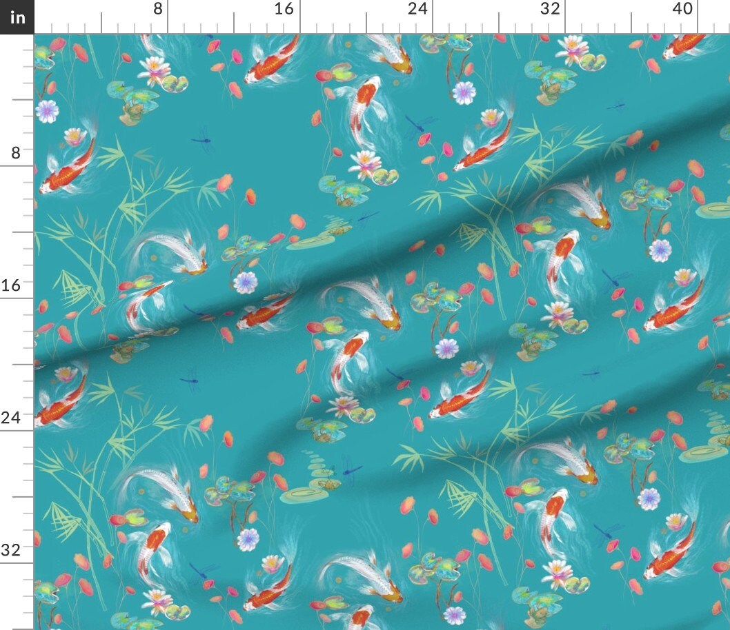 Koi Pond Fabric Japanese Water Garden Teal by Designed by - Etsy