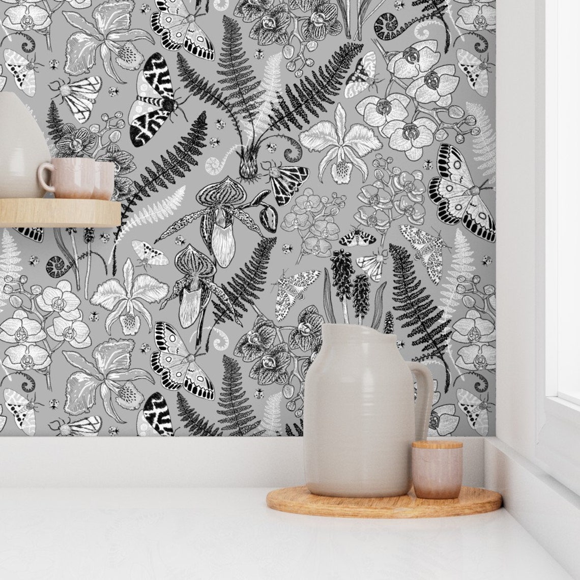 Orchid Wallpaper Orchid Botanical Gray Monochrome by - Etsy