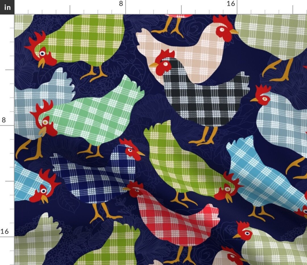 Dark Blue Fabric Plaid Chickens by Hnldesigns Whimsical Animals ...