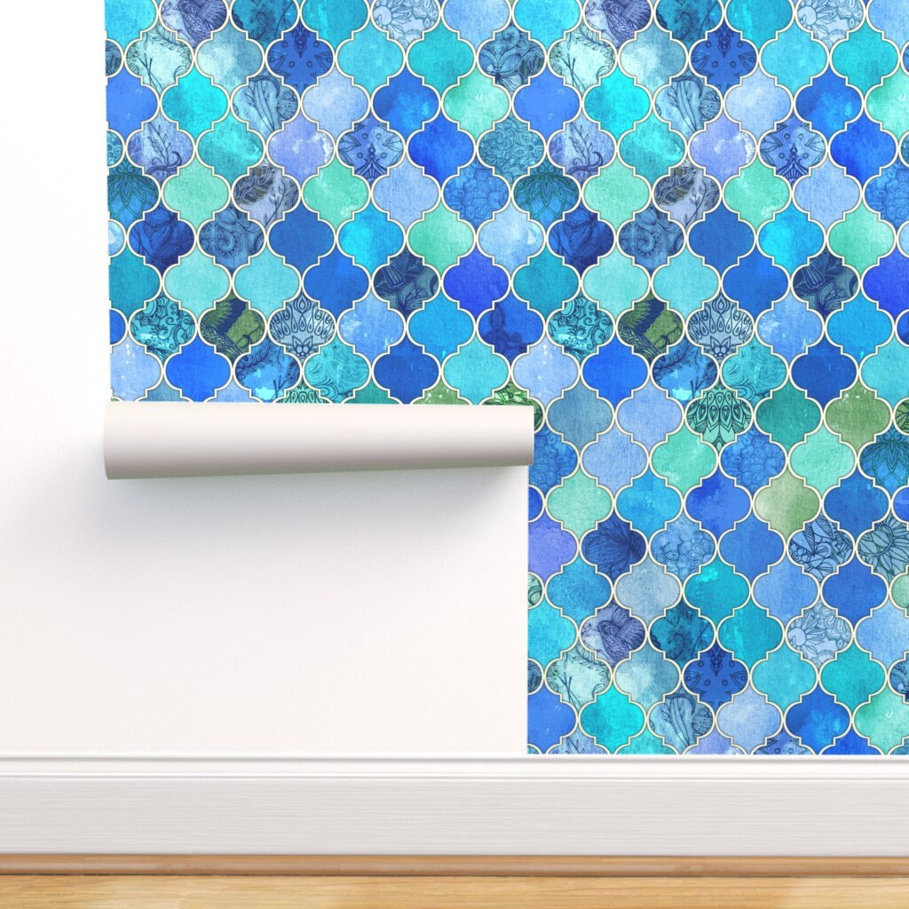 Moroccan Wallpaper Cobalt Blue and Aqua Decorative Tiles by | Etsy