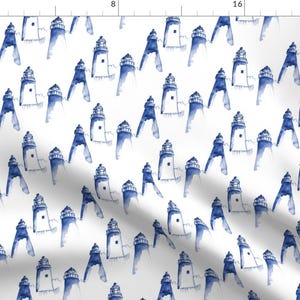 Blue Lighthouses Fabric Nautical Indigo Light House Watercolor by ...