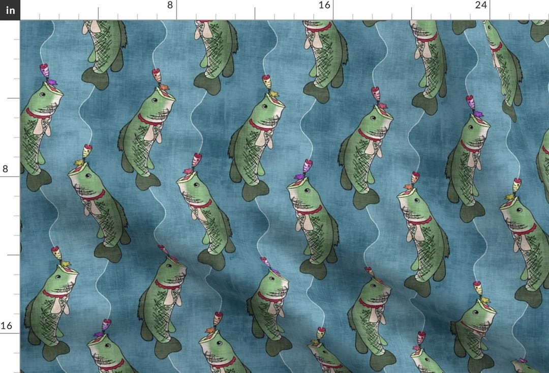 Fishing Lure Fabric Bass Fishing on Linen by Pond Ripple Manly Fishing ...