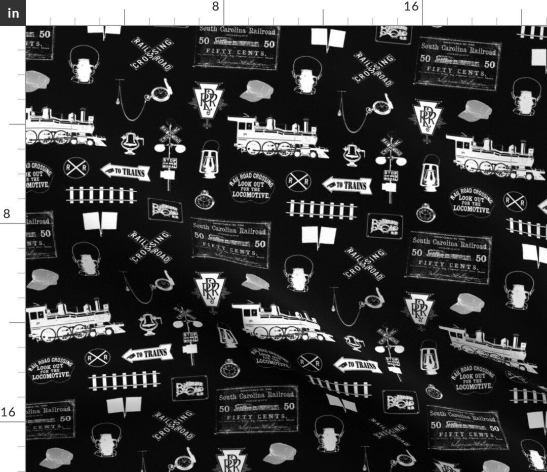 Trains and Railroad Fabric Railroad Symbols on Black by Thin Line ...