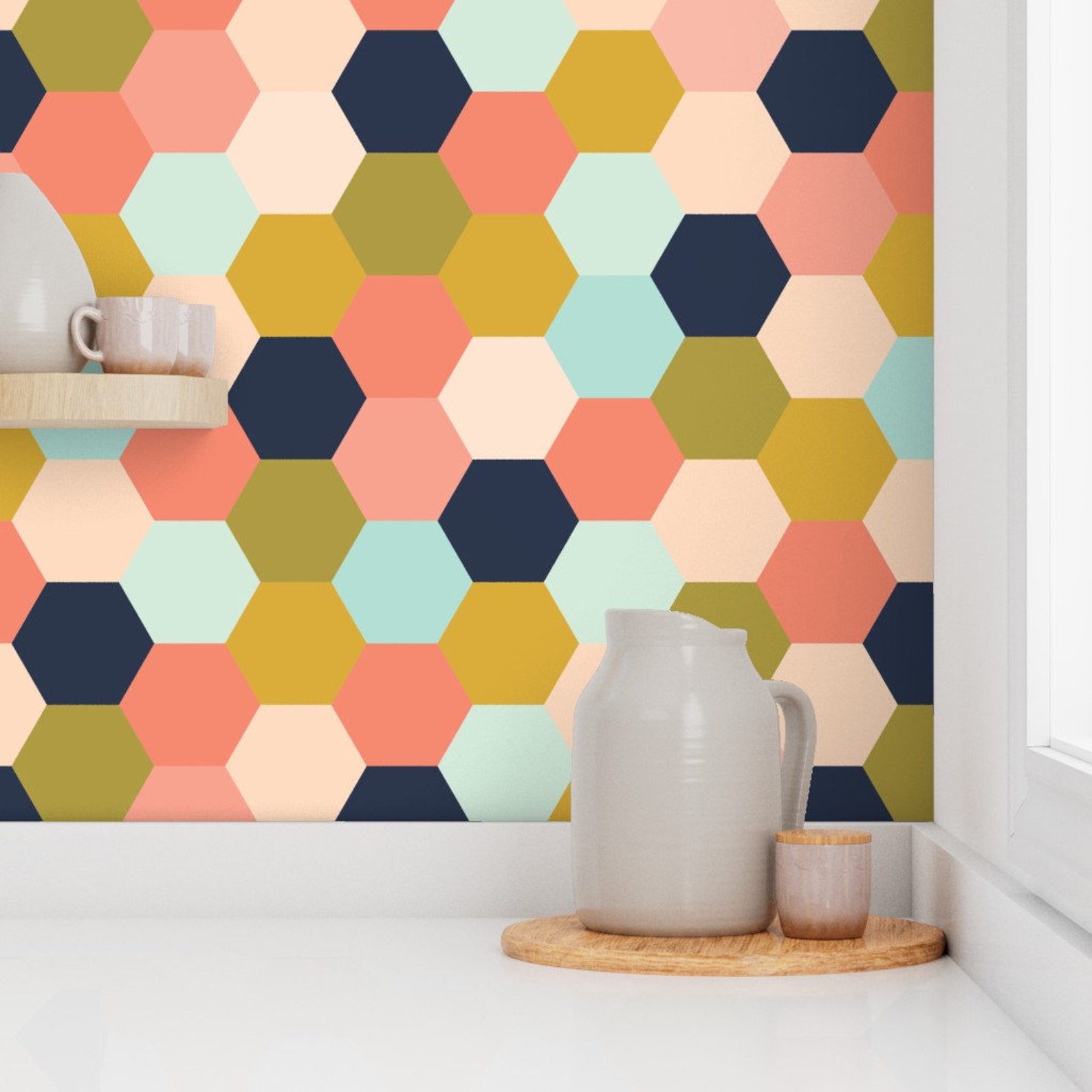 Coral Jubilee Wallpaper Hexagon Coral Jubilee by Ivieclothco - Etsy