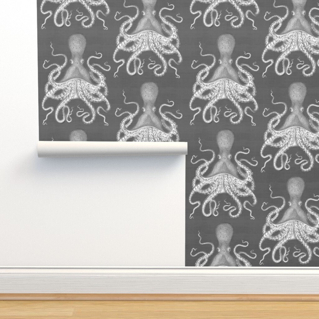 Octopus on Gray Wallpaper Octopus Oasis Gray by - Etsy