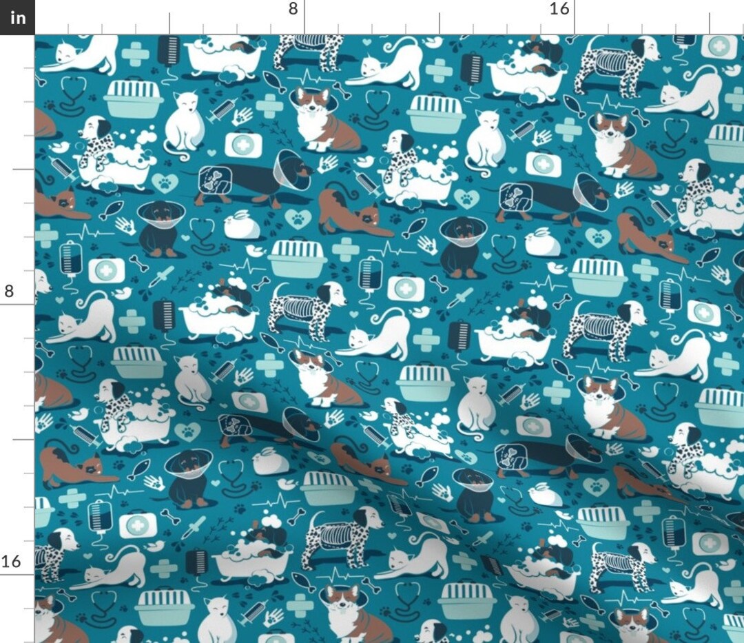 Vet Medicine Fabric Happy and Healthy Turquoise Navy Blue Cats Dogs by ...