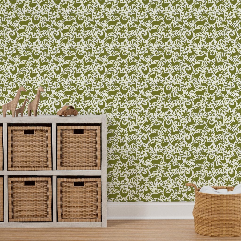 Otomi Wallpaper Mexico Springtime Olive on White Large by - Etsy