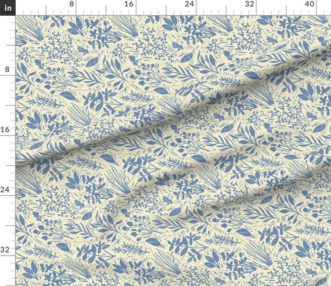 Botanical Block Print Fabric Culinary Herbs blue on Cream - Etsy