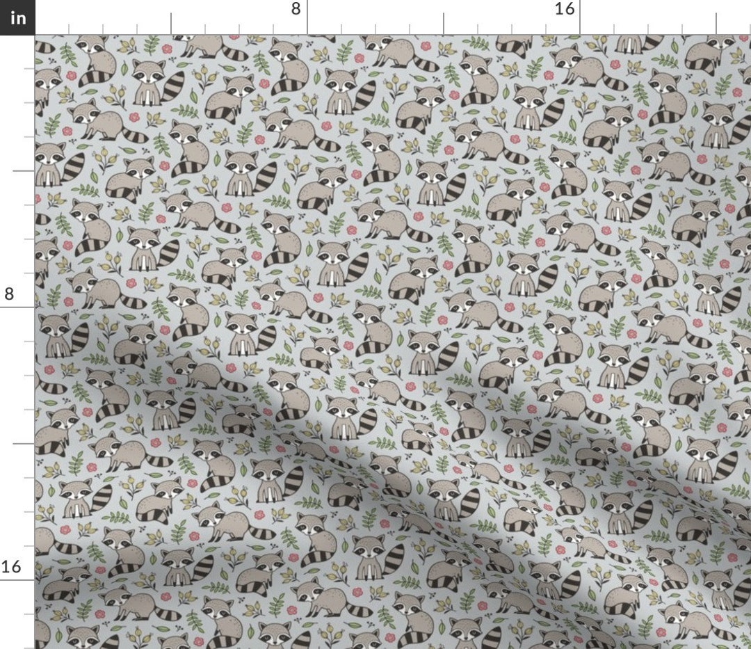 Raccoon Fabric Raccoon With Leaves Flowers Grey by Caja Design Raccoon ...