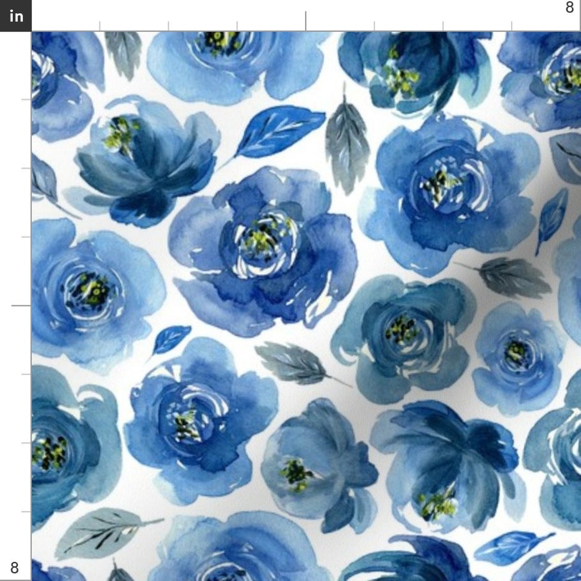 Blue Floral Fabric Watercolor Boho Blue Roses Flowers by | Etsy