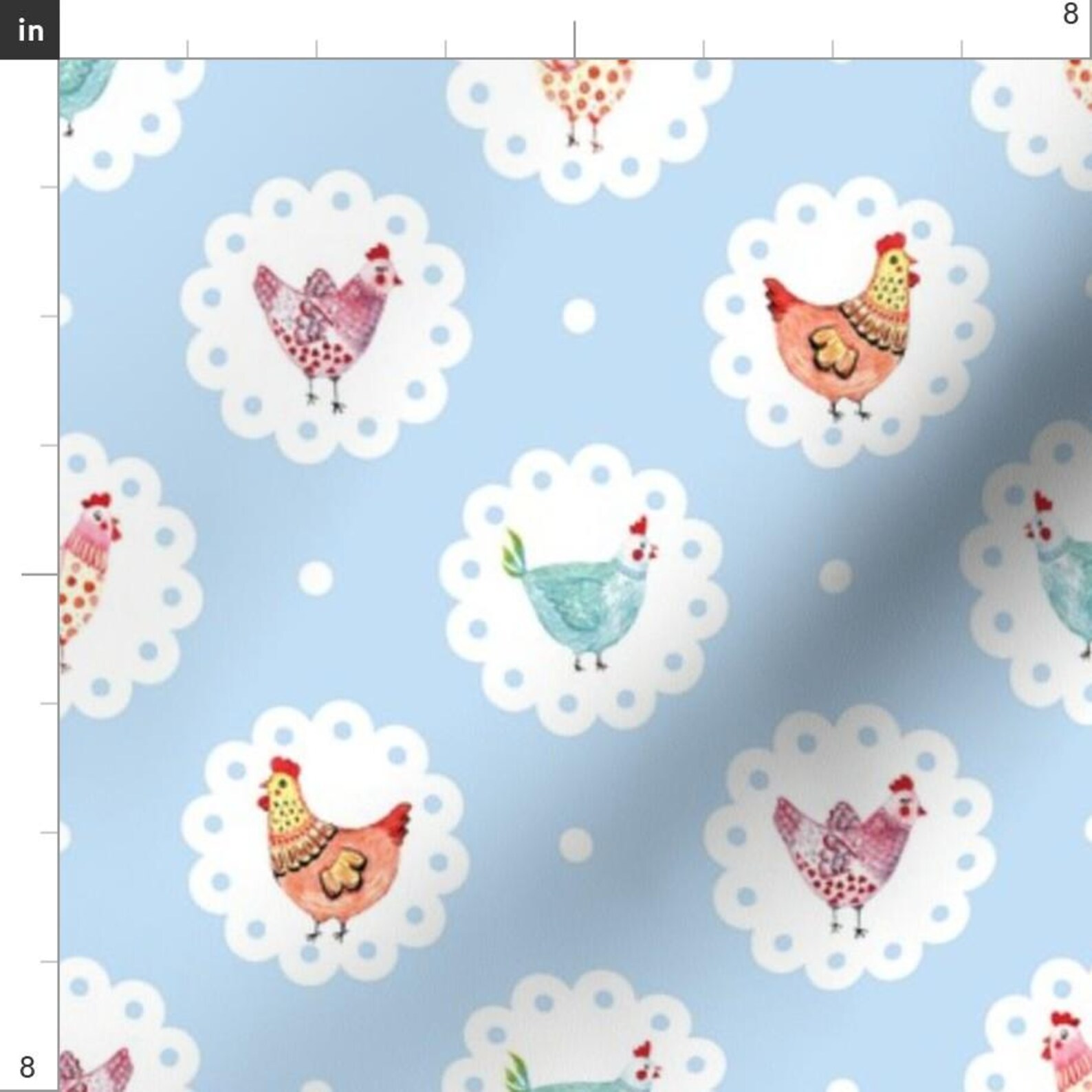 Chickens Fabric - Chicken Doily Blue Polka Dots Hens by Twodreamsshop ...