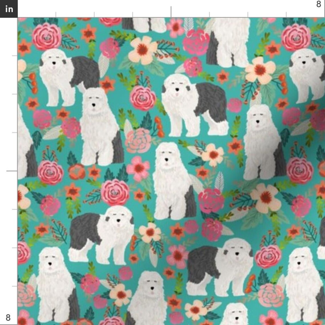 Sheepdog Fabric - Old English Sheepdog Florals Flowers Teal by ...