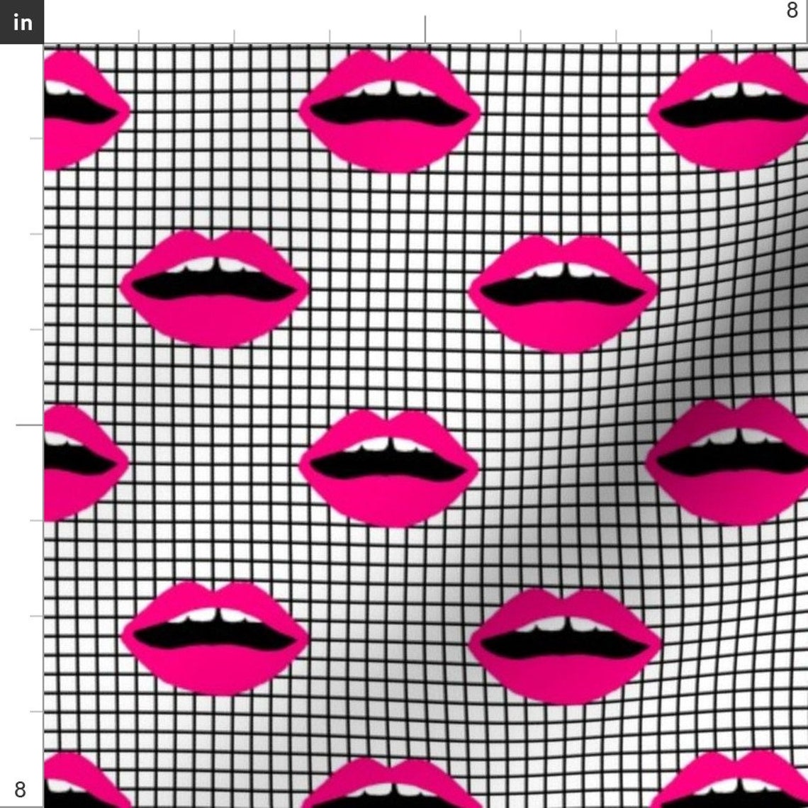 Lips Fabric Love Lips Lipstick Grid Pink Black White Grid | Etsy