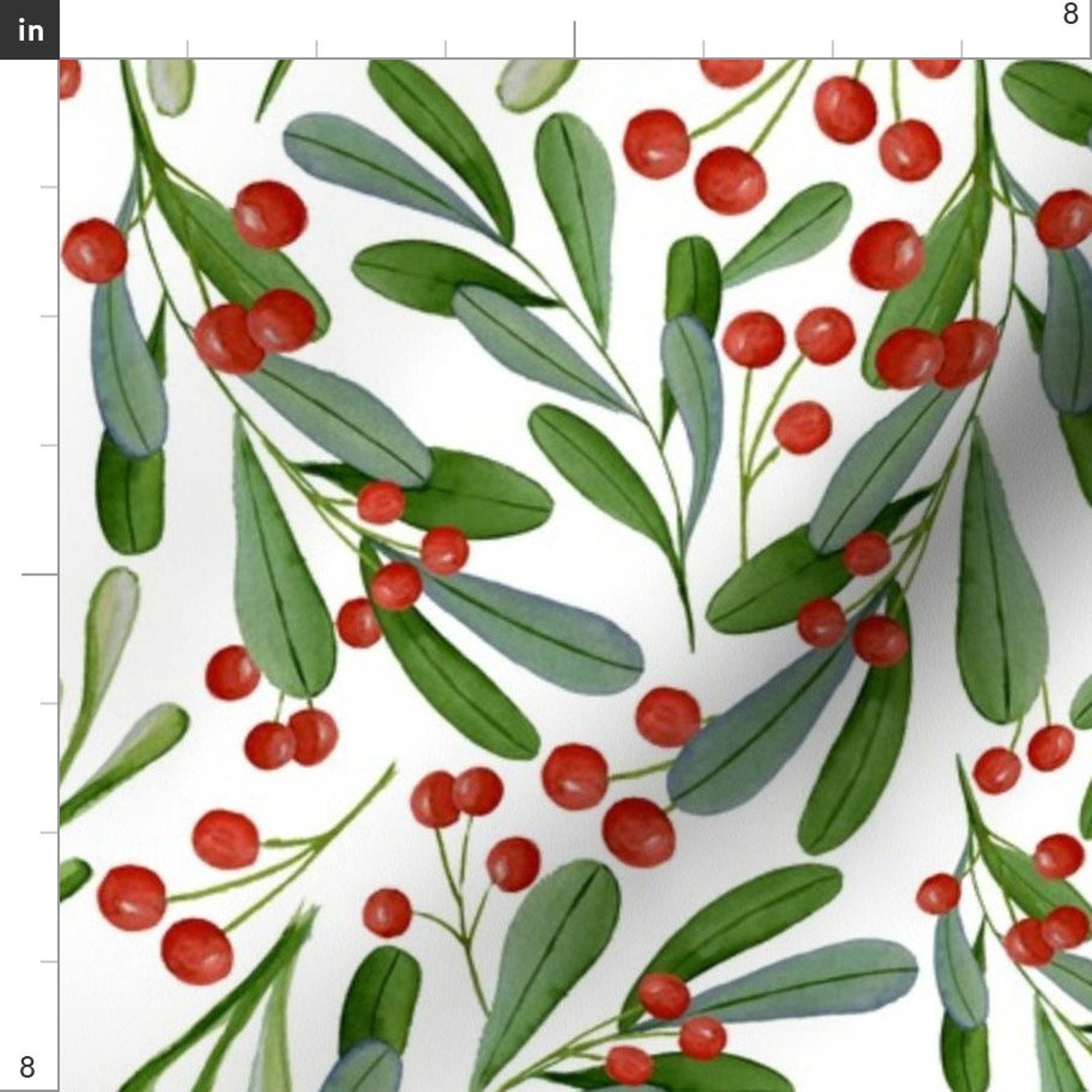 Mistletoe Berry Fabric Watercolor Christmas Foliage by - Etsy