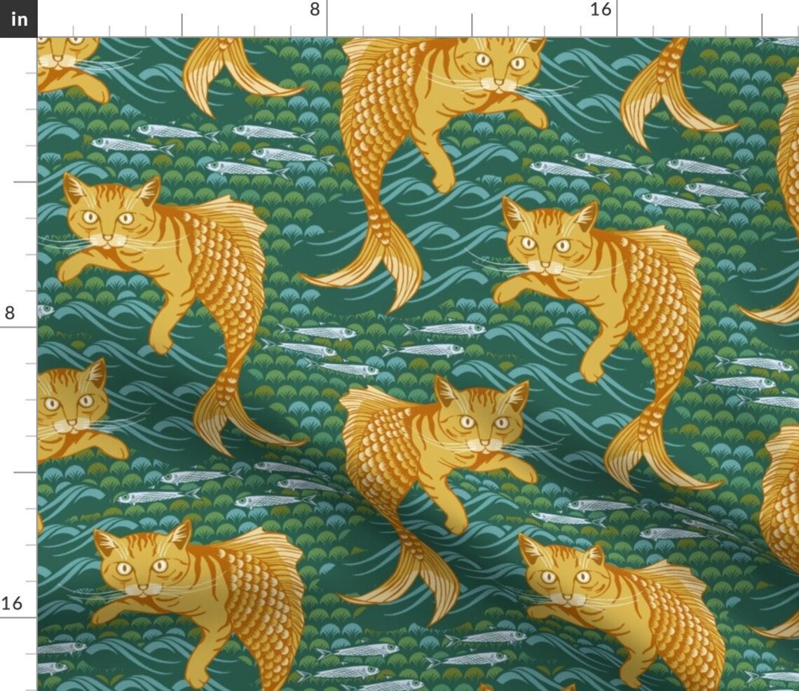 Catfish Fabric Fishy Felines by Cjldesigns Imaginary - Etsy