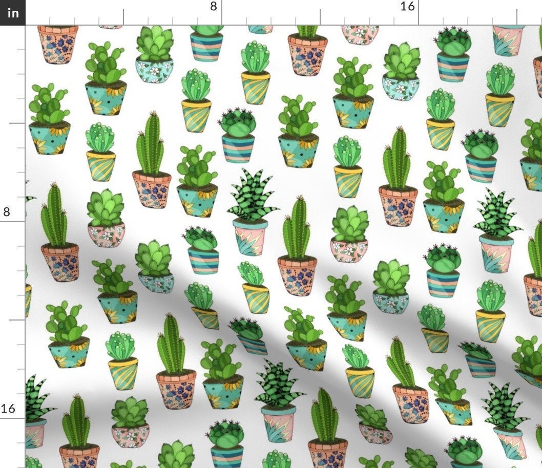 Modern Cactus Fabric Green Cactus by Juliabadeeva Colorful | Etsy