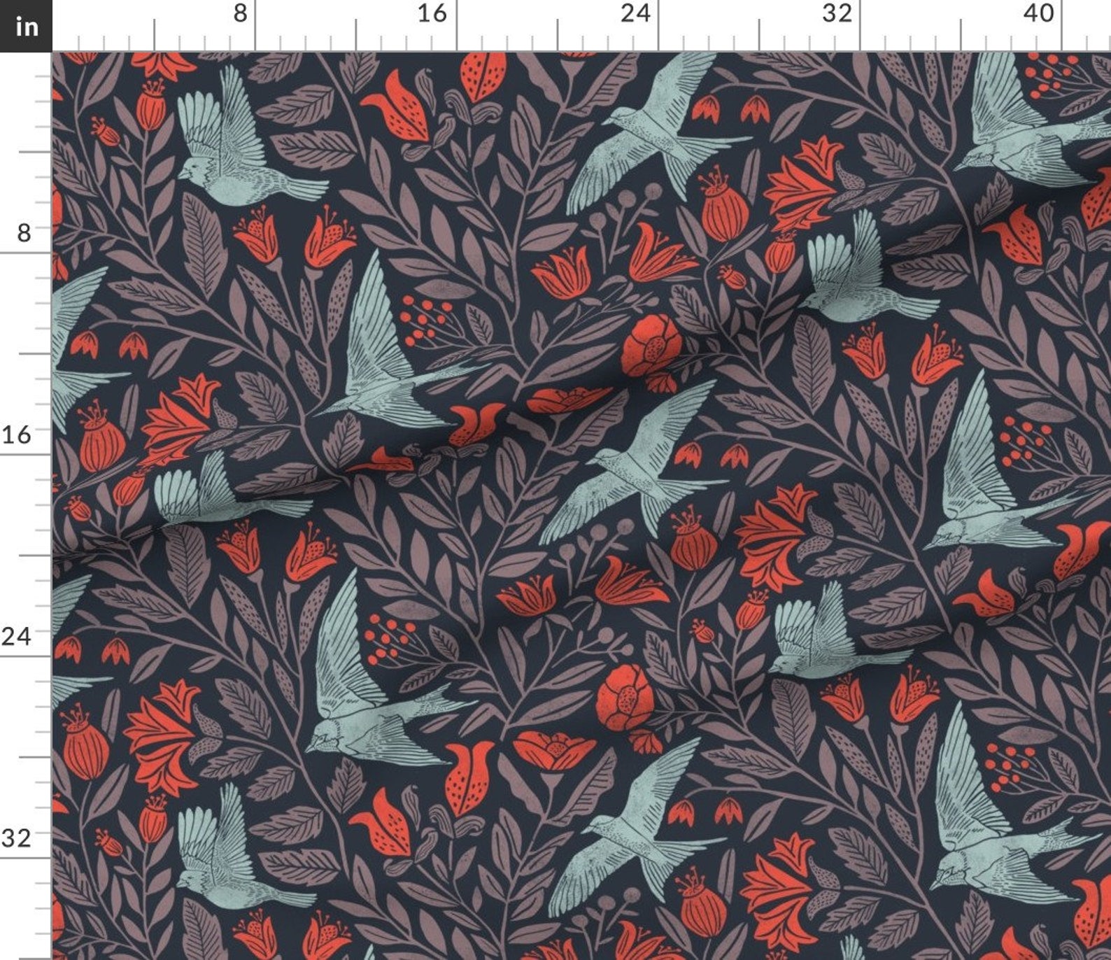 Bird Floral Illustration Fabric Scandinavian Birds by | Etsy