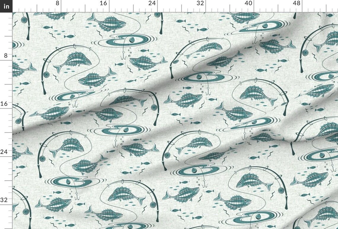 Midcentury Mod Fish Toile Fabric - Lake Fishing by Studioxtine - Aqua ...