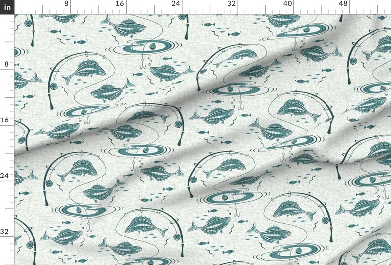 Midcentury Mod Fish Toile Fabric - Lake Fishing by Studioxtine - Aqua ...