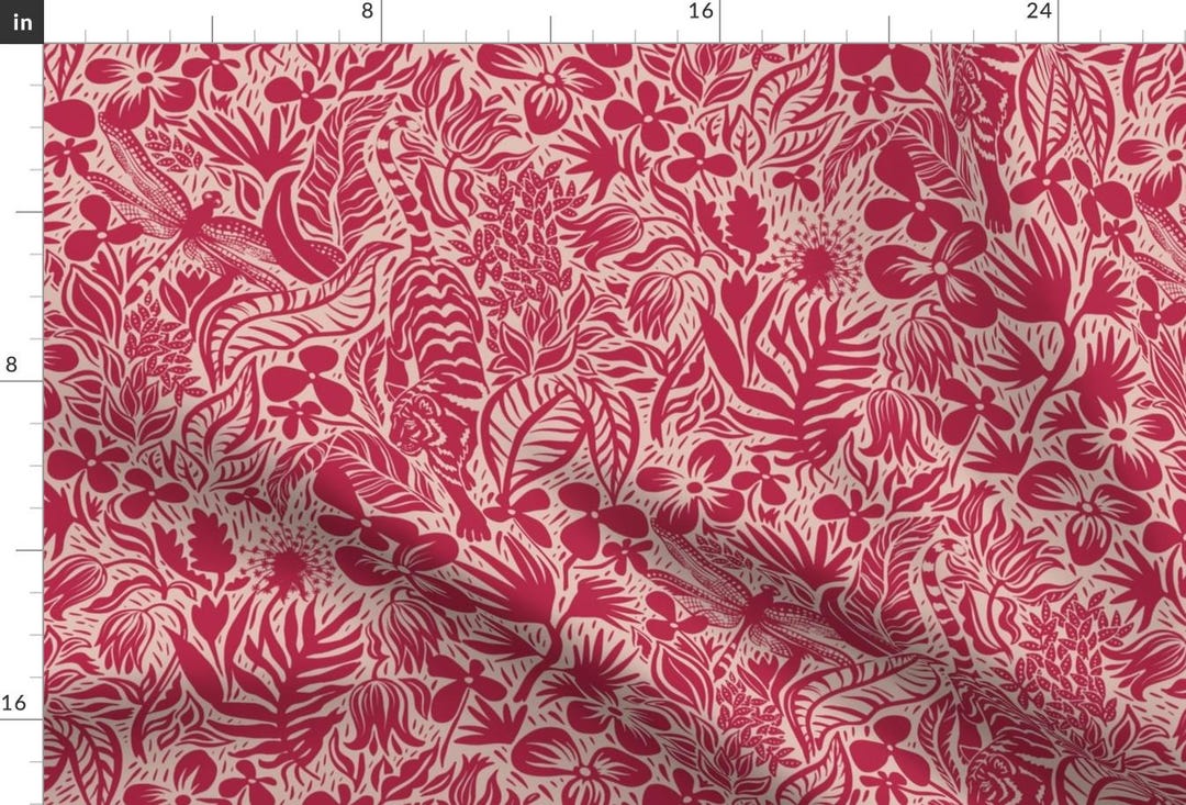 Maximalist Tiger Fabric - Magenta Oasis by Amysuther - Tropical Botanical Hot Pink Jungle ...