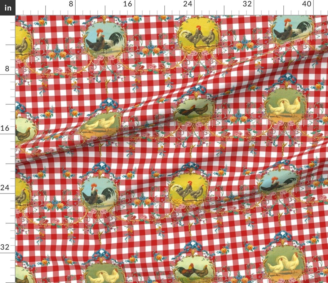 Gingham Chickens Fabric Le Toile De Poulet Strawberry - Etsy