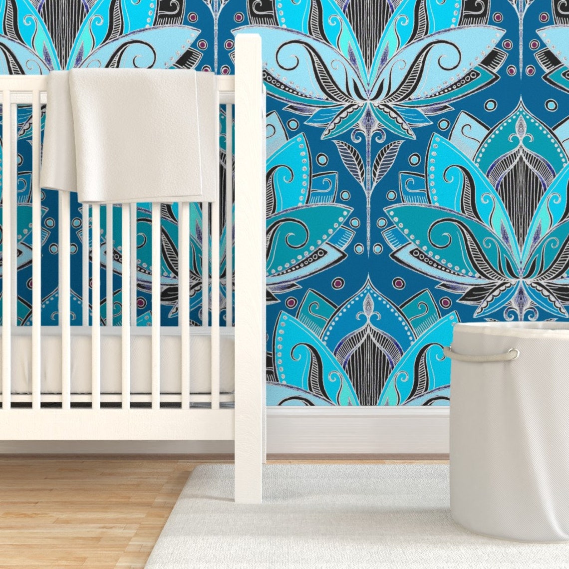 Lotus Wallpaper Art Deco Lotus in Teal Turquoise Black by | Etsy