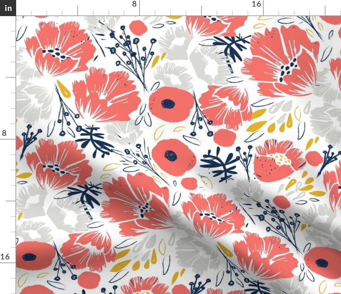 Coral Pink Floral Fabric Coral Happiness Flowers Pink by - Etsy
