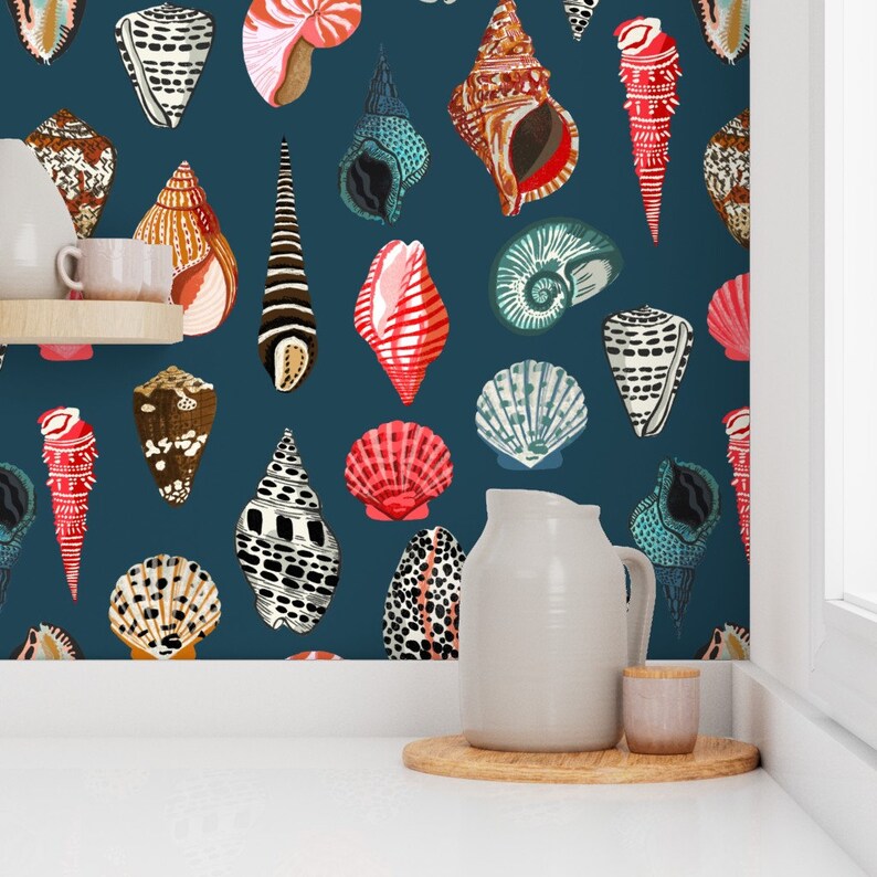 Seashells Wallpaper Navy Nautical Beach Summer by Andrea - Etsy
