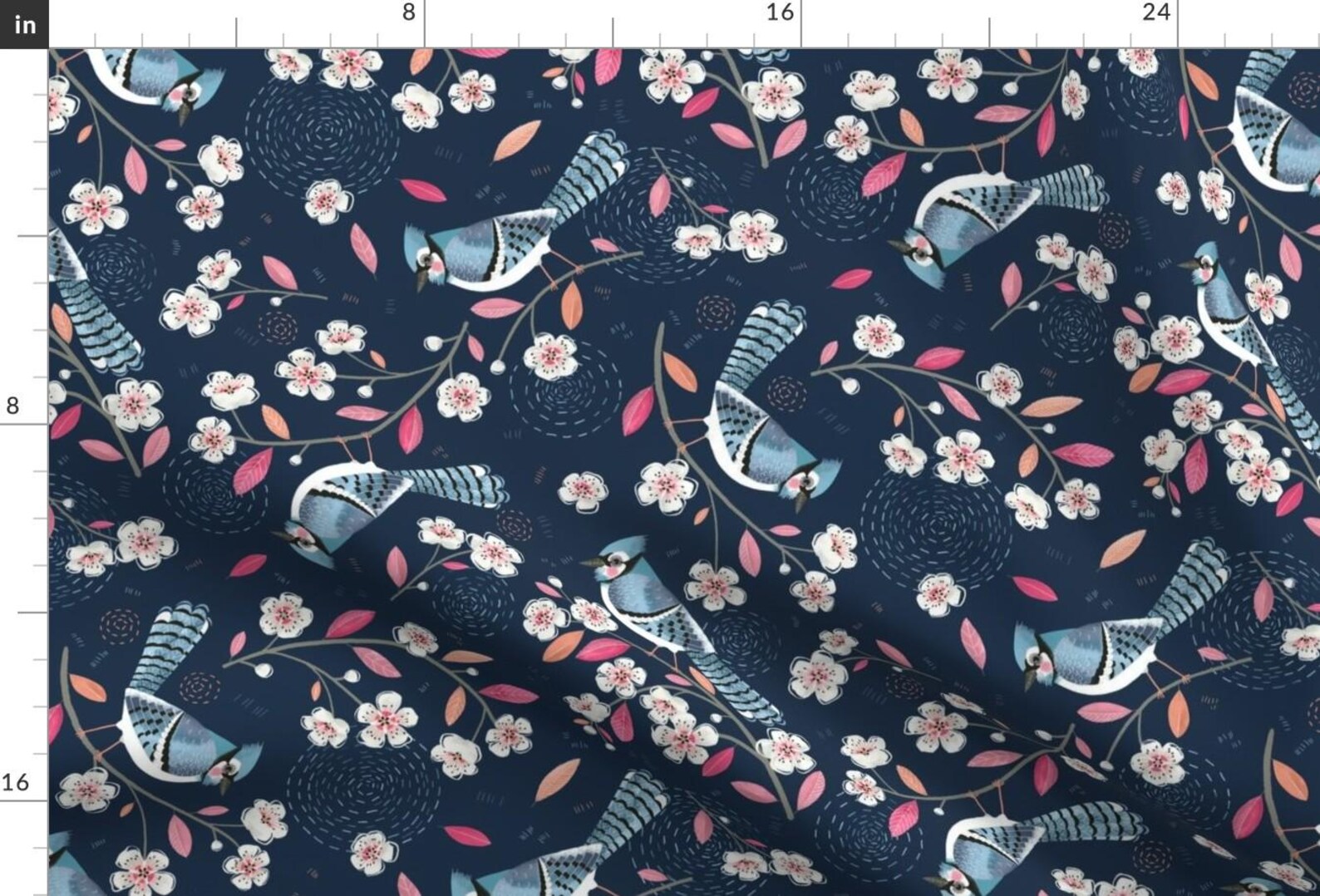 Blue Jay Fabric - Blue Jay by Marketa Stengl - Navy Bird Pink Floral ...