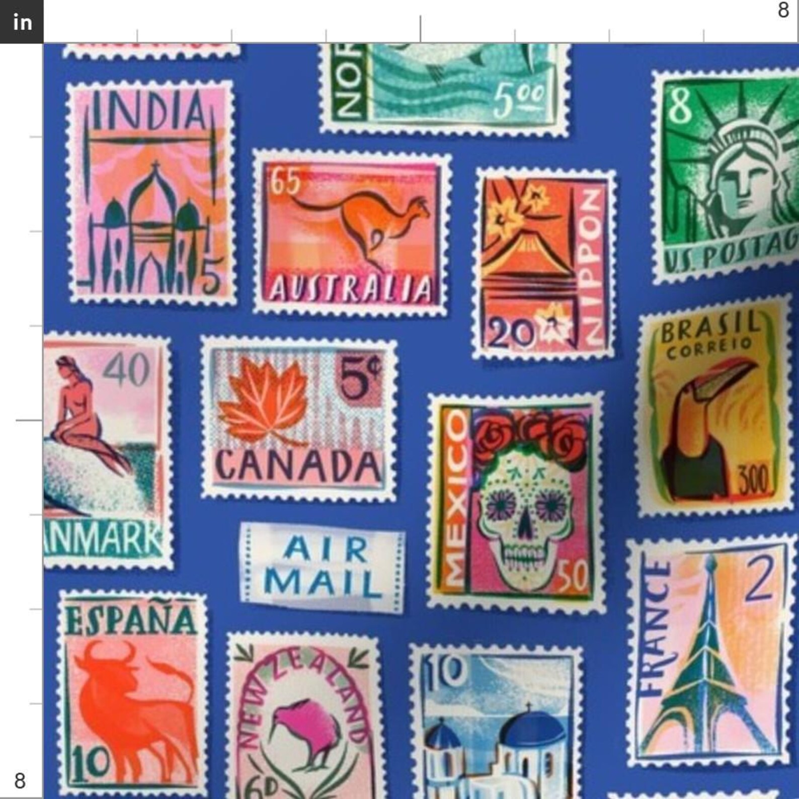 Mail Fabric - Postage Stamps of the World by Asta Barrington - Blue ...