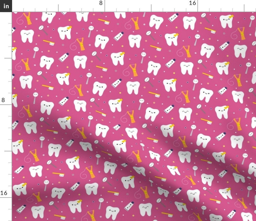 Tooth Fabric Happy Teeth Friends Dark Pink by Clayvision Dentistry ...
