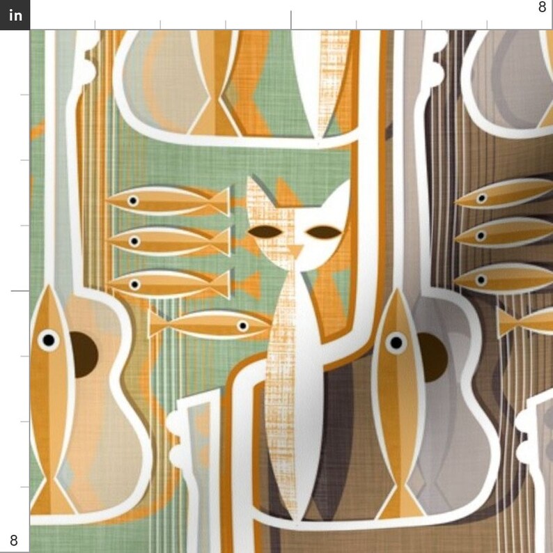 Cat Fabric Cat Fish by Spellstone Cat Mid Century Modern - Etsy