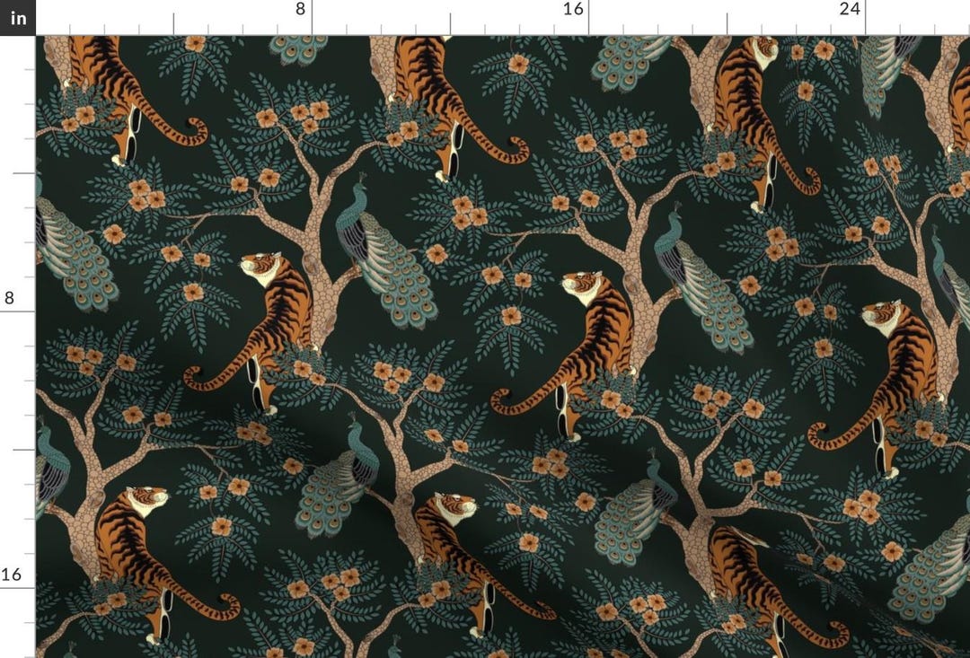 Chinoiserie Tigers Fabric - Tiger and Peacock by Sveta_aho - Bird Asian ...