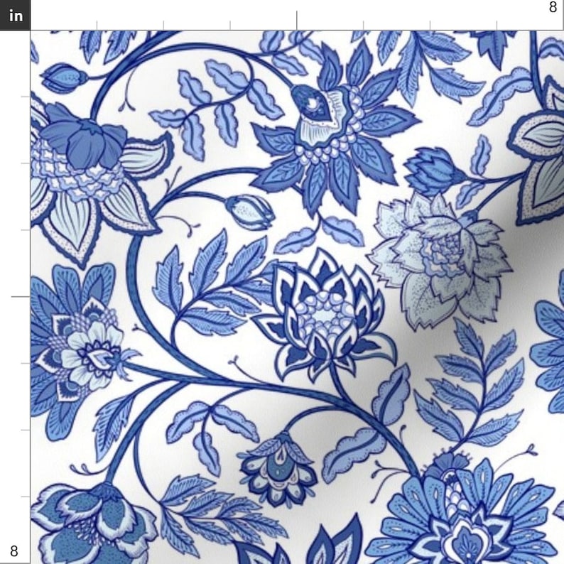 Blue Vintage Floral Chintz Fabric Indienne Indigo By | Etsy