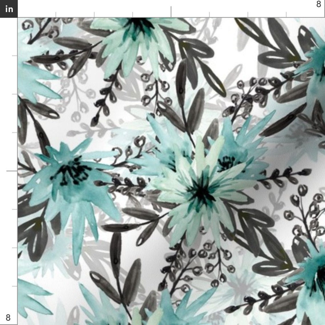 Blue and Gray Floral Watercolor Fabric Blue Flowers by | Etsy