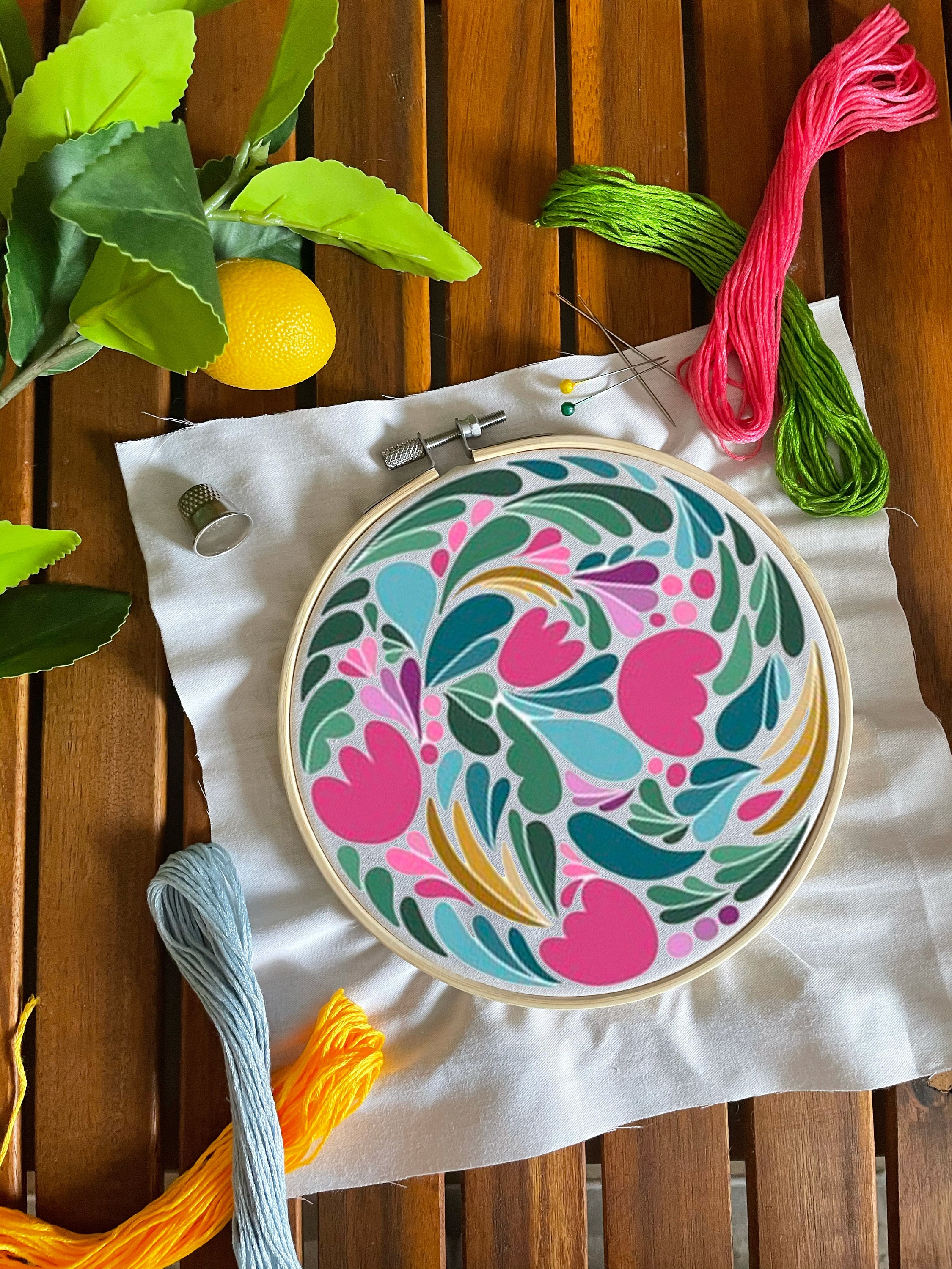 Floral Embroidery Template on Cotton Circle of Life by - Etsy