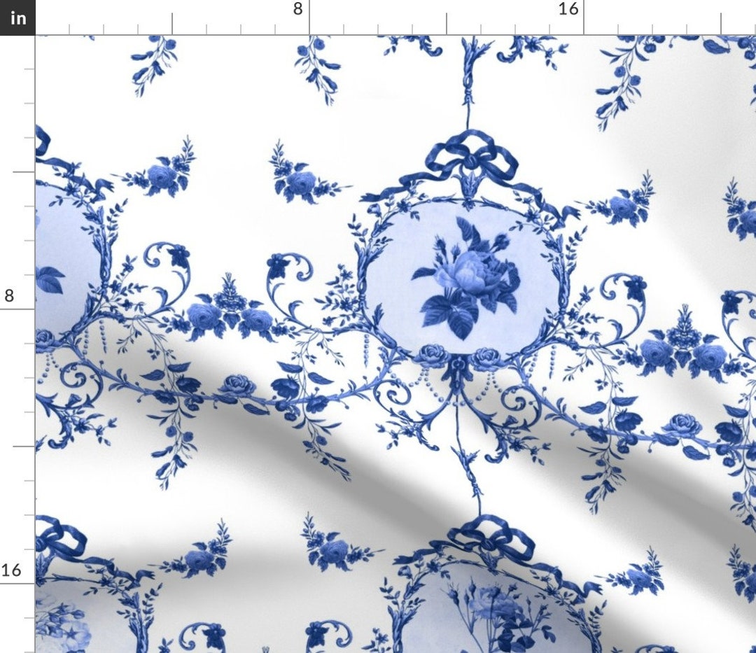Blue Toile Fabric Le Toile De Fleurs Ink by Lilyoake Toile Floral Hand ...