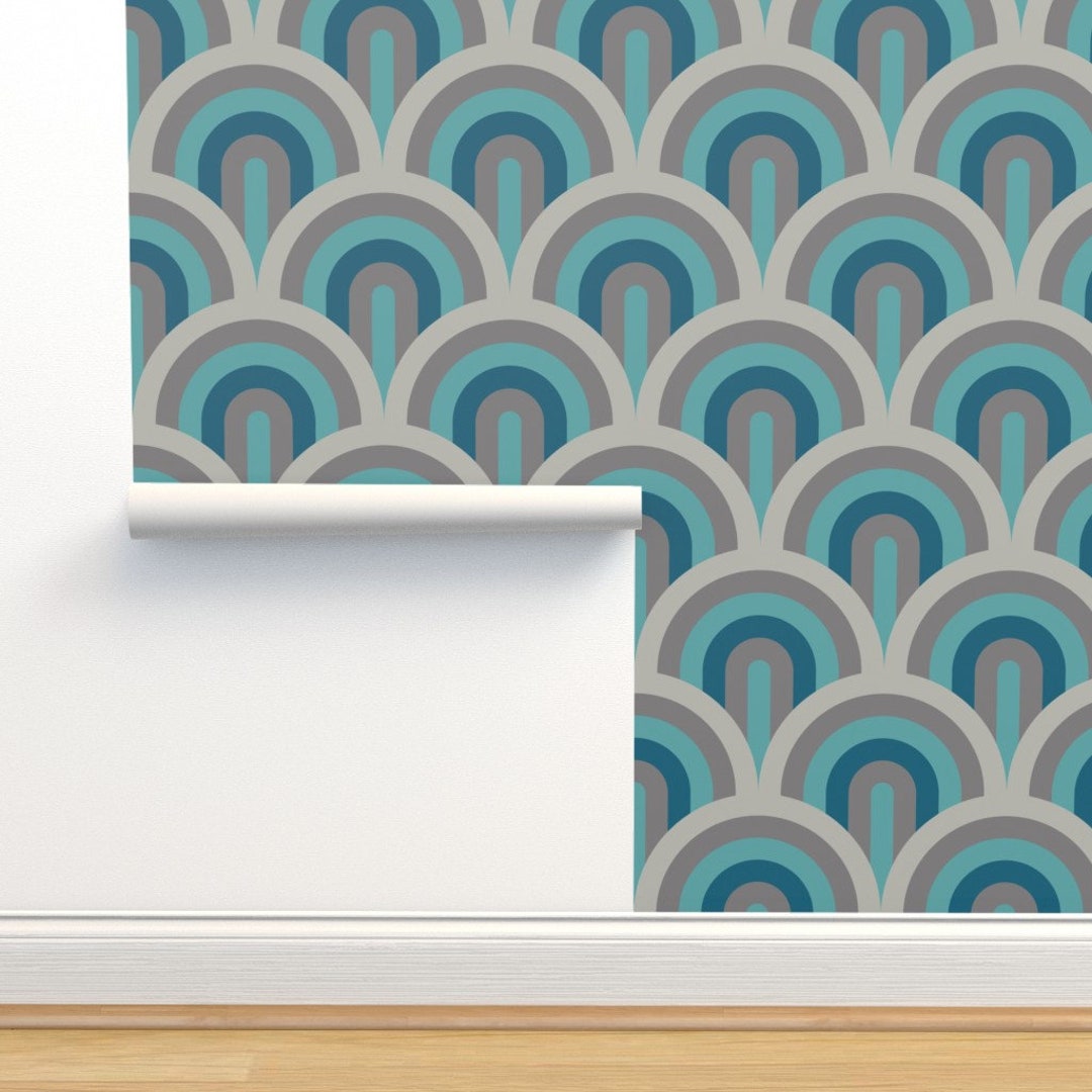 Blue Scalloped Wallpaper Art Deco Waves in Blue by Danadu - Etsy Israel