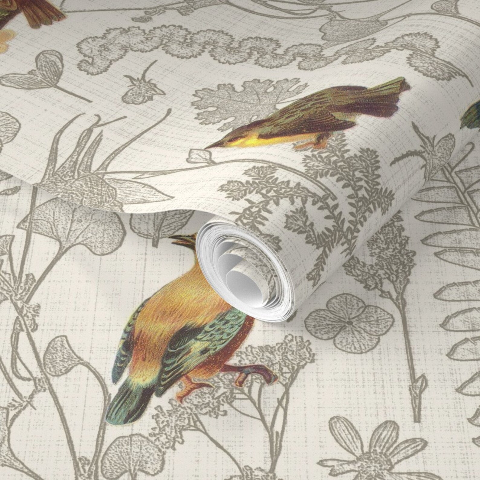 Bird Toile Wallpaper Birds off the Wall Toile Linen by - Etsy